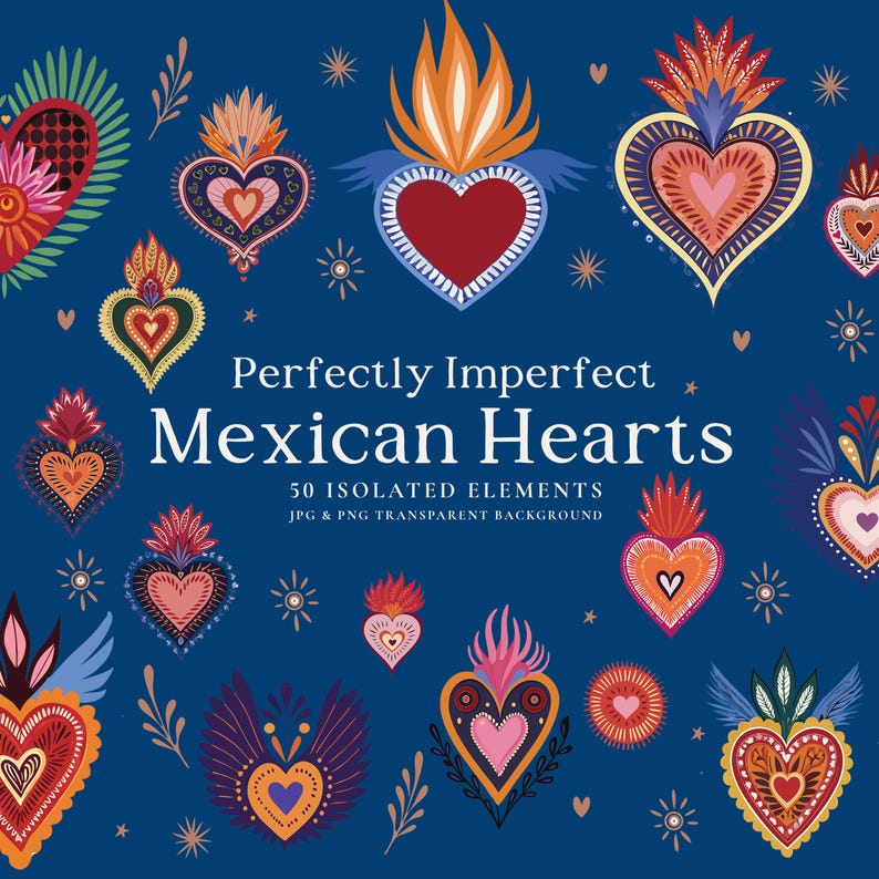 Mexican Sacred Hearts, Colourful Boho Folk Style Clip Art, Mexico ...