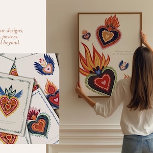 Mexican Sacred Hearts, Colourful Boho Folk Style Clip Art, Mexico ...