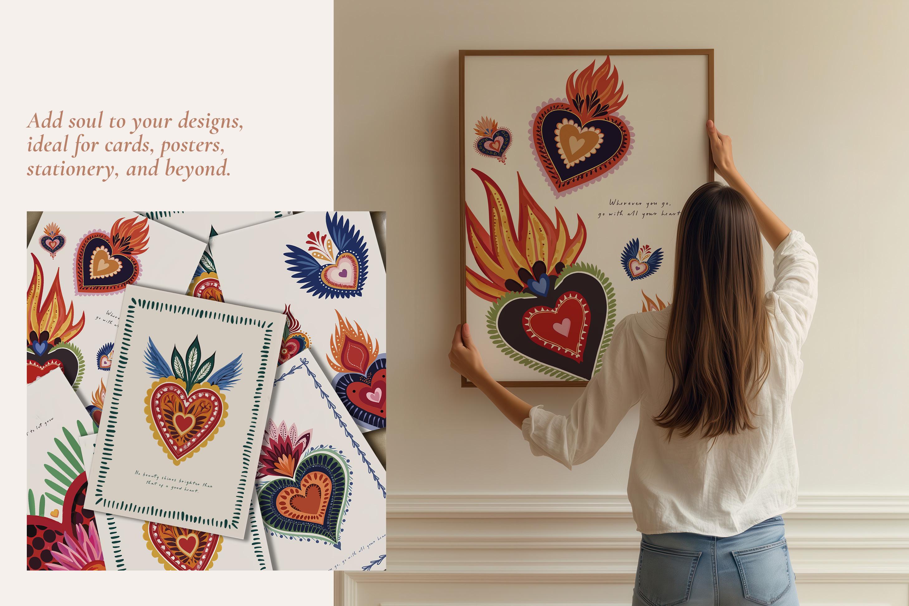 Mexican Sacred Hearts, Colourful Boho Folk Style Clip Art, Mexico ...