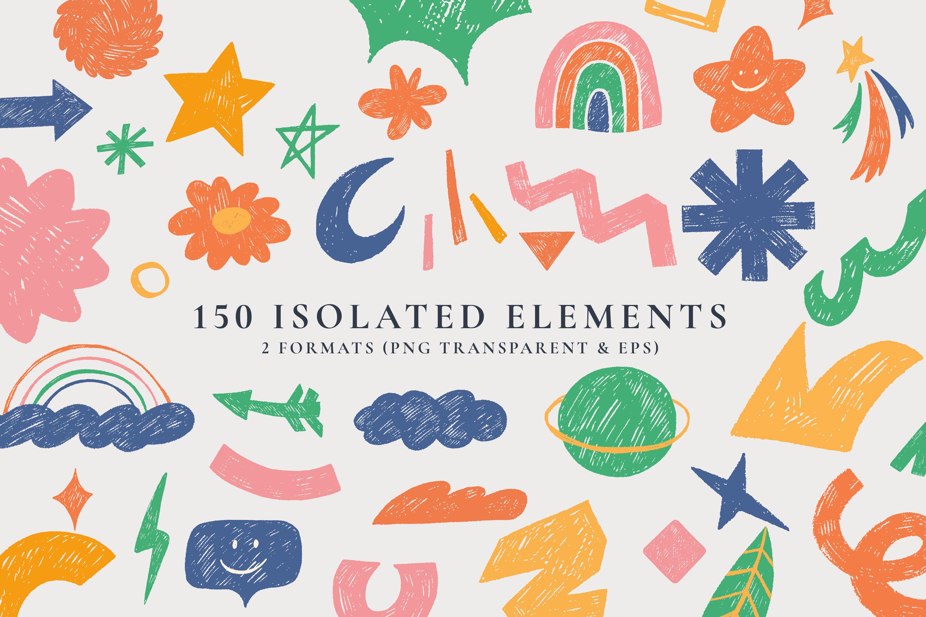 Crayon Doodle Illustrations Scribble Rainbow Clipart and Patterns, 158 ...