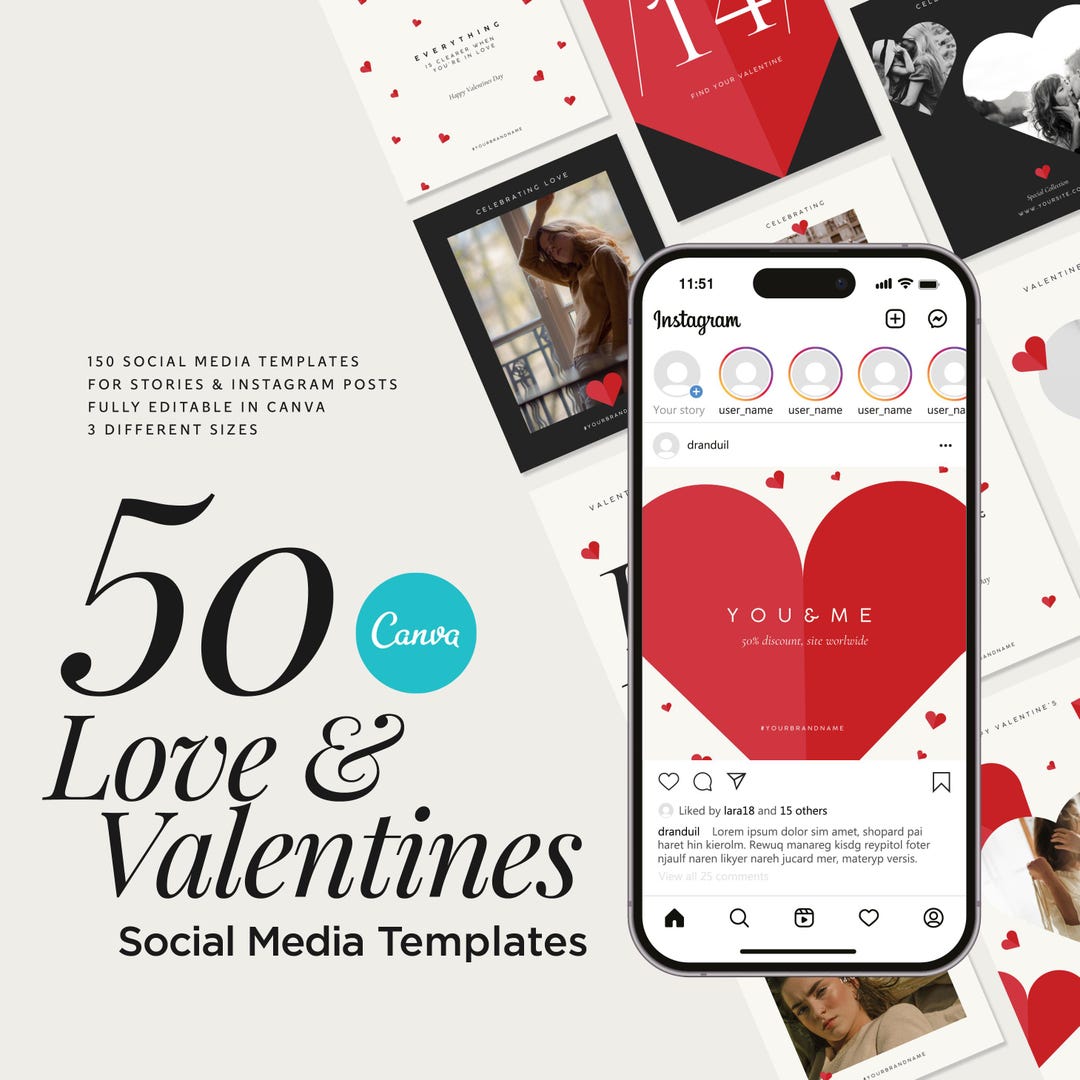 Love Social Media Templates: Modern Valentine's Canva Posts (150 Total ...