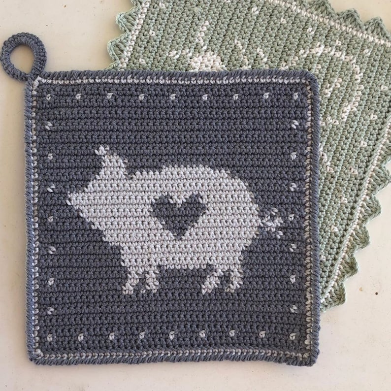 Crochet Pattern ~ Pig Potholder - Tapestry Crochet Hot Pad – Farmhouse ...