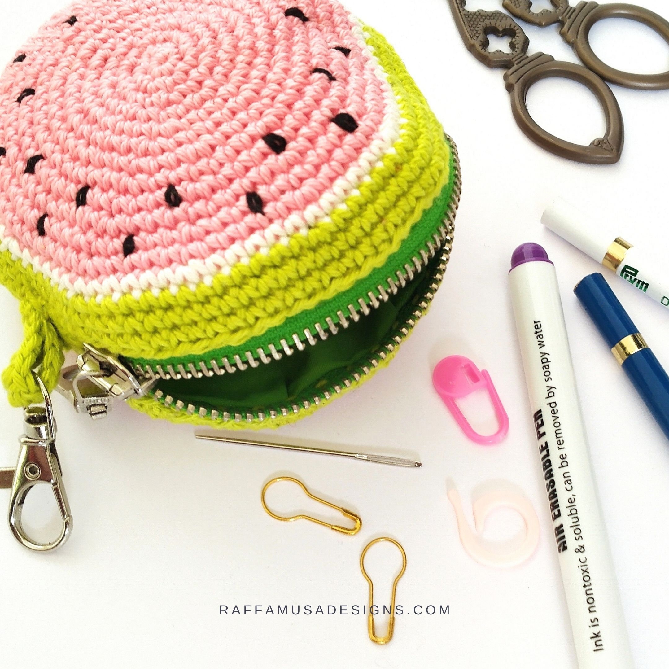 Crochet Pattern ~ Watermelon Slice Zipper Purse – Crochet Round Bag ...