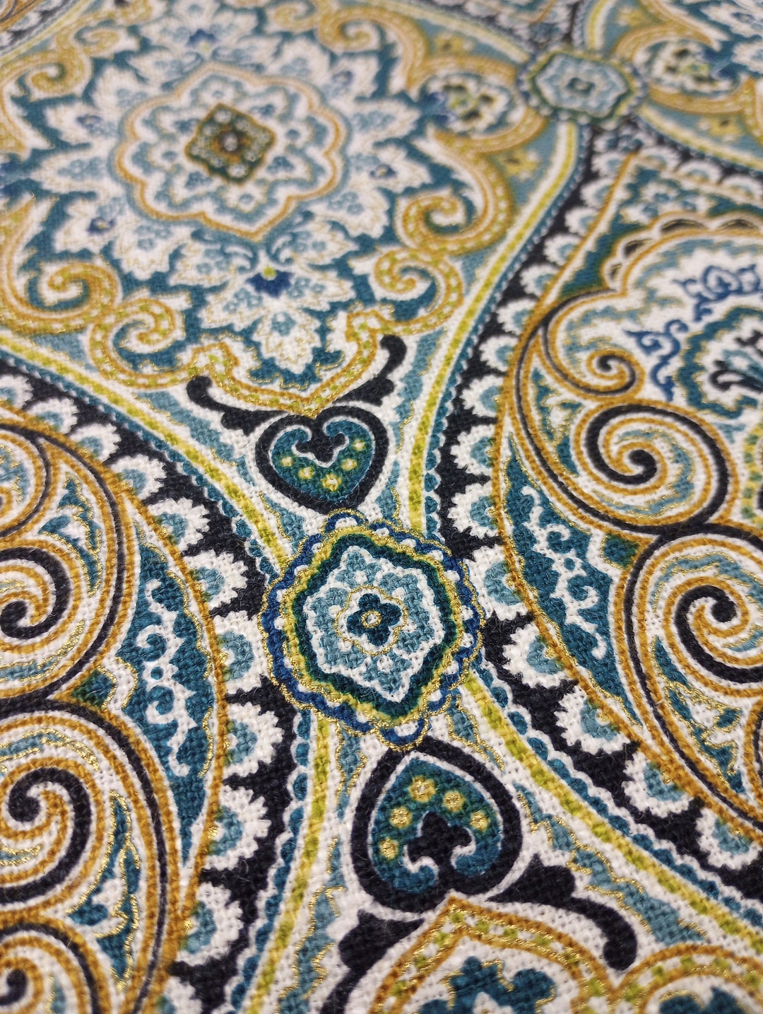 Blue & Gold Ogee Fabric Linen/rayon Blend Ogee Pattern in Navy, Green ...