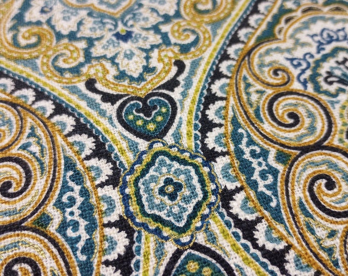 Blue & Gold Ogee Fabric - Linen/rayon Blend Ogee Pattern in Navy, Green ...