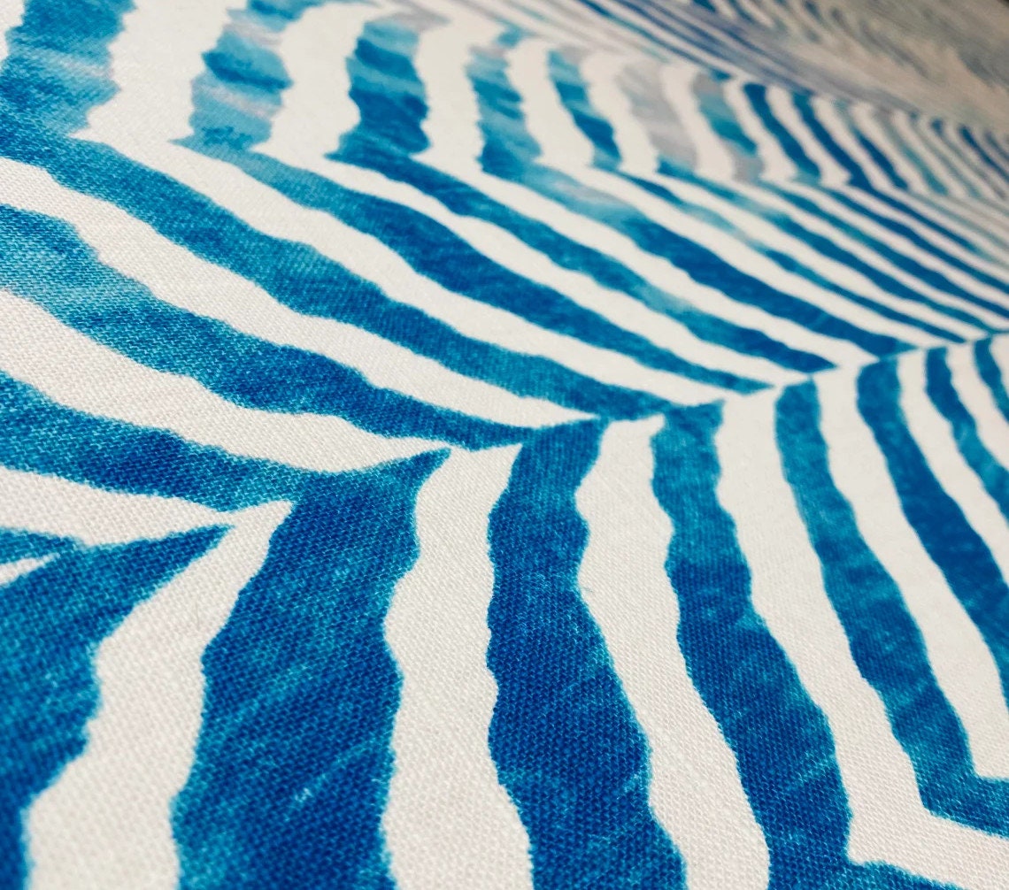 Blue, White & Gray Zebra Animal Print Linen Blend Drapery, Upholstery ...