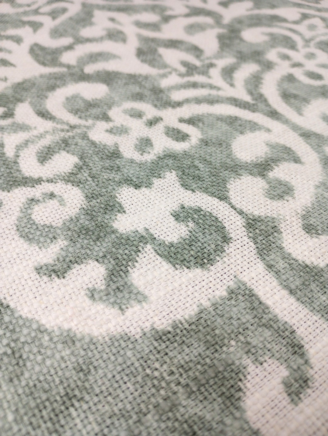 Sage & White Linen Blend Fabric Minty Sage Floral Scroll Design Fabric ...