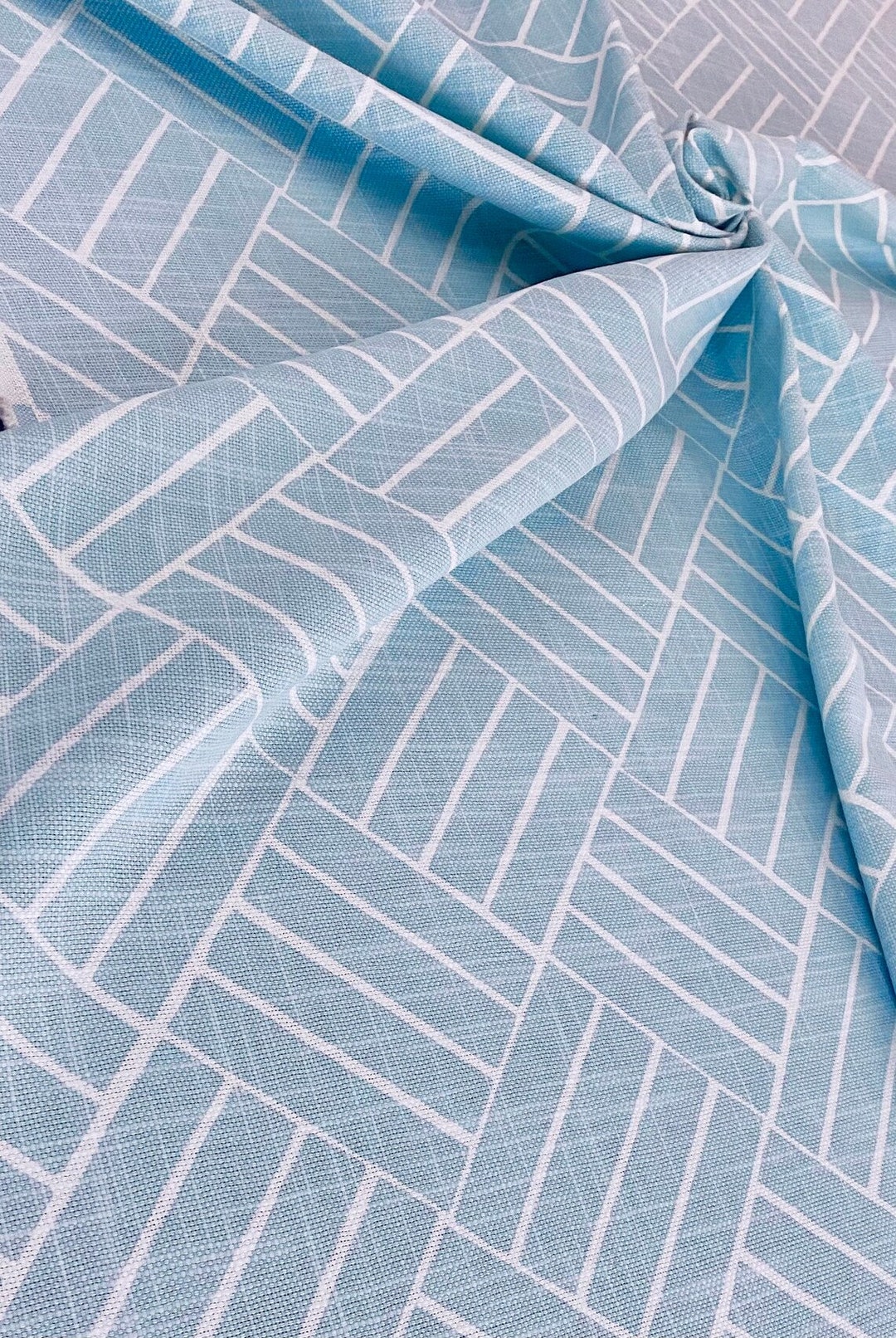 Light Blue Duralee Aurelian Geometric Linen Blend Print Drapery, Home ...