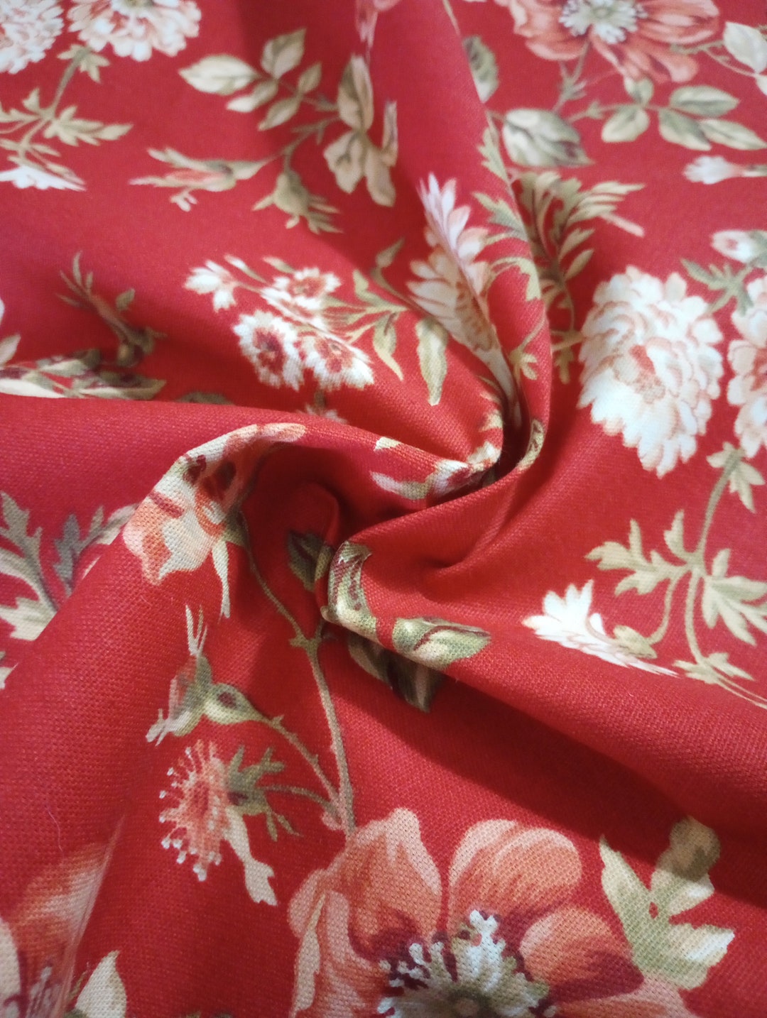 Muted Red Floral Fabric Print With Pinks, Greens, and Cream - Beautiful ...