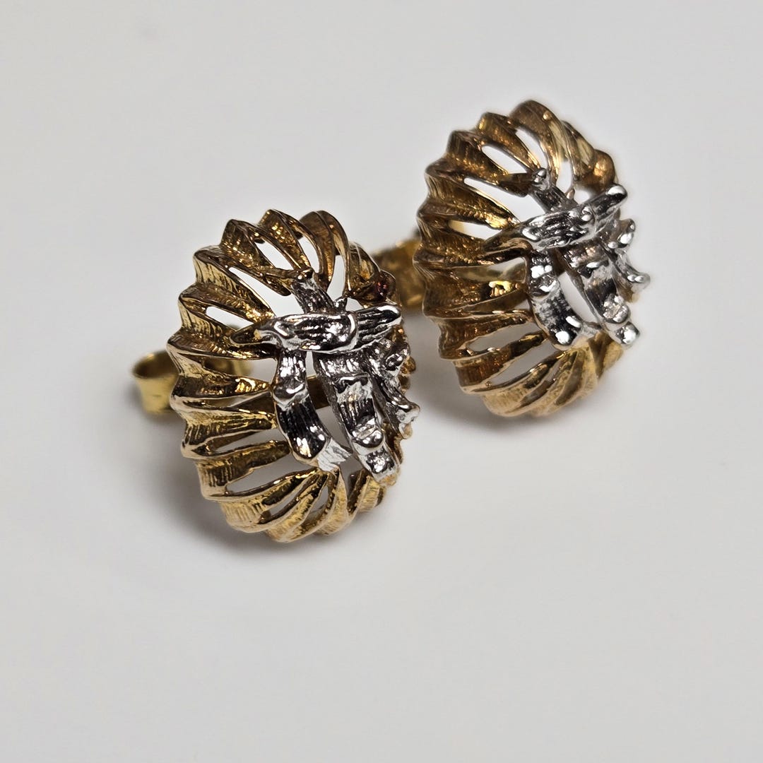 9ct Two-tone Gold Stud Earrings Raised Pattern Size: 15.3mm X 11.7mm ...