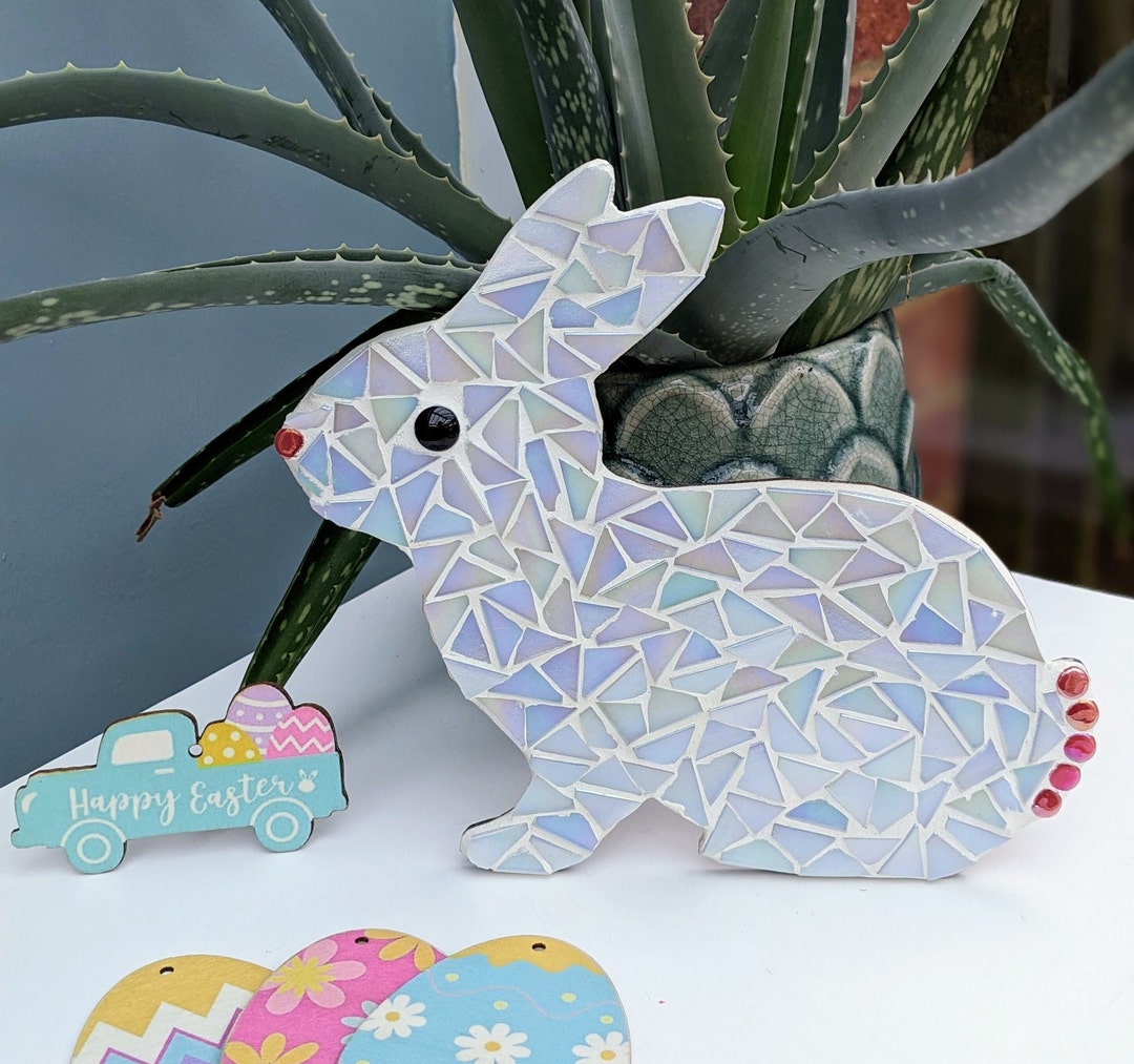 White Iridescent Bunny, Mosaic DIY Kit, Stained Glass, Easter Crafts ...