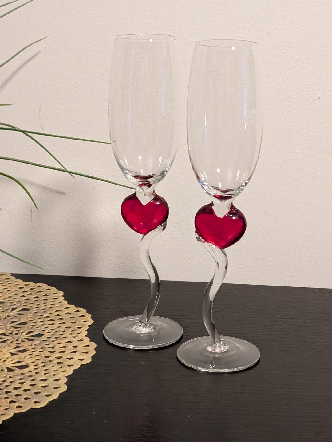 Super Cool Blown Glass Toasting Flutes With Red Heart Design, Maker ...
