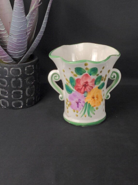 Vintage Mid Century Hand Painted Floral FTD Vase With Green | Etsy