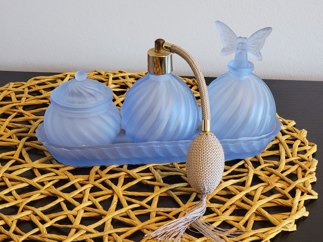 Awesome Vintage Light Blue Frosted Glass Perfume/vanity Set - Etsy