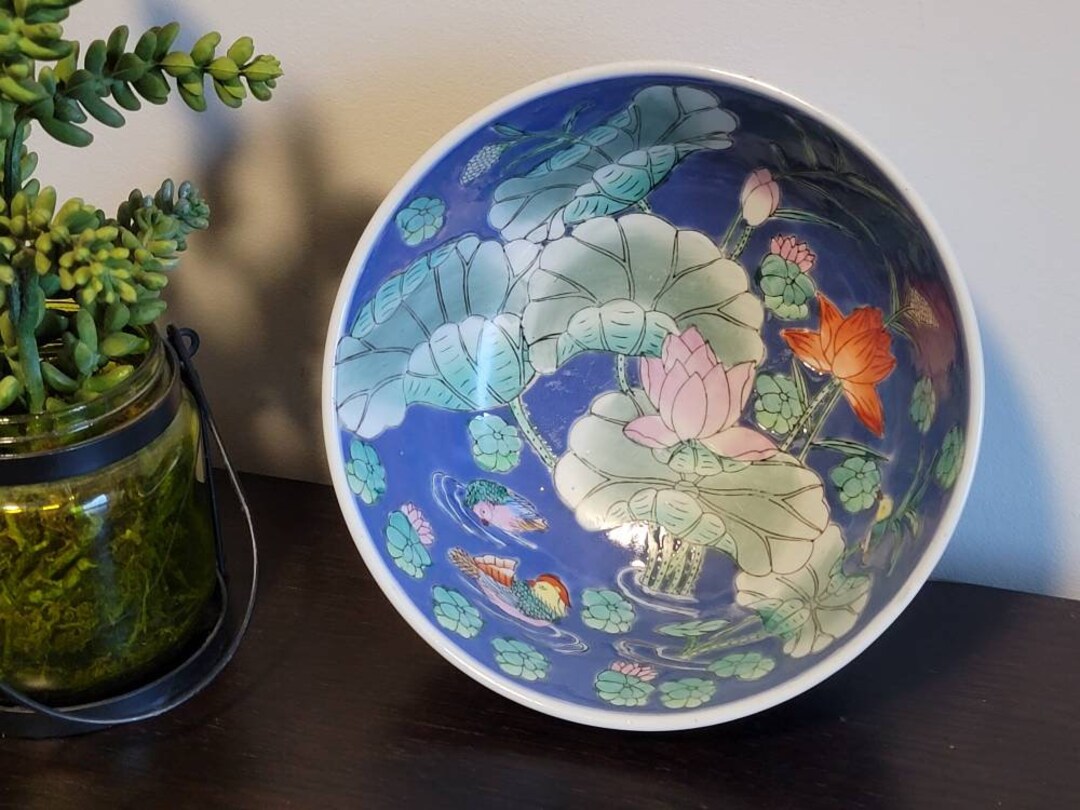 Vintage MCM Chinese Chinoiserie Porcelain 8" Lotus Lilly & Bird 8 ...