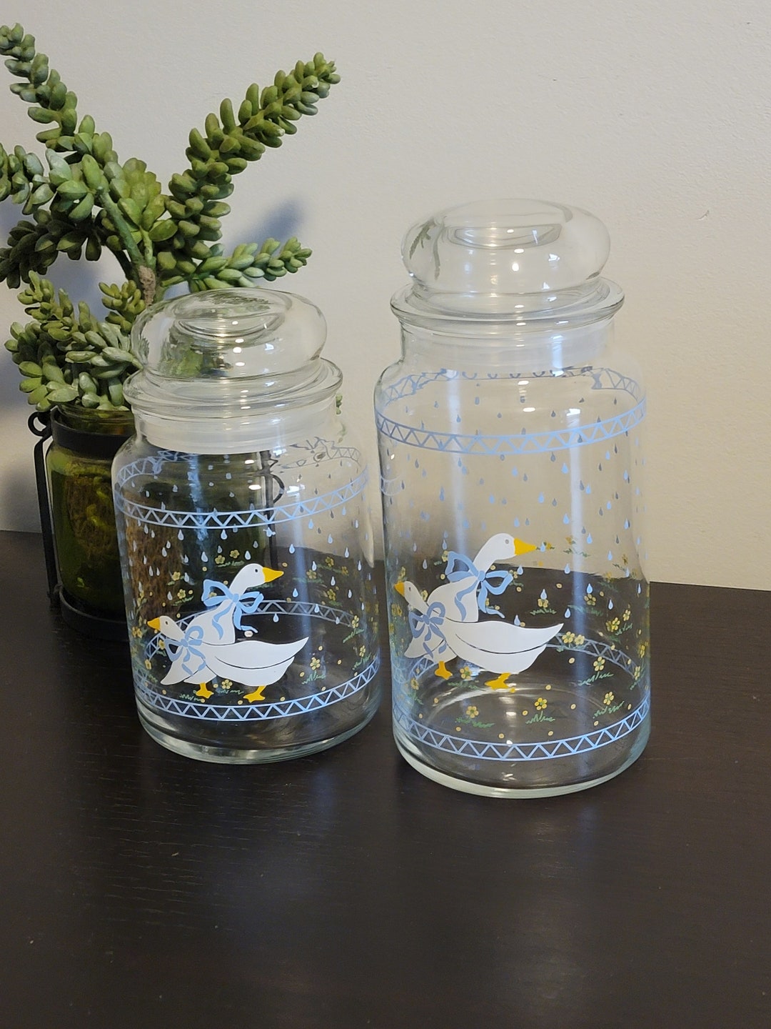 Super Cute Anchor Hocking Blue Ribbon Geese Lidded Bubble Jars/canister ...