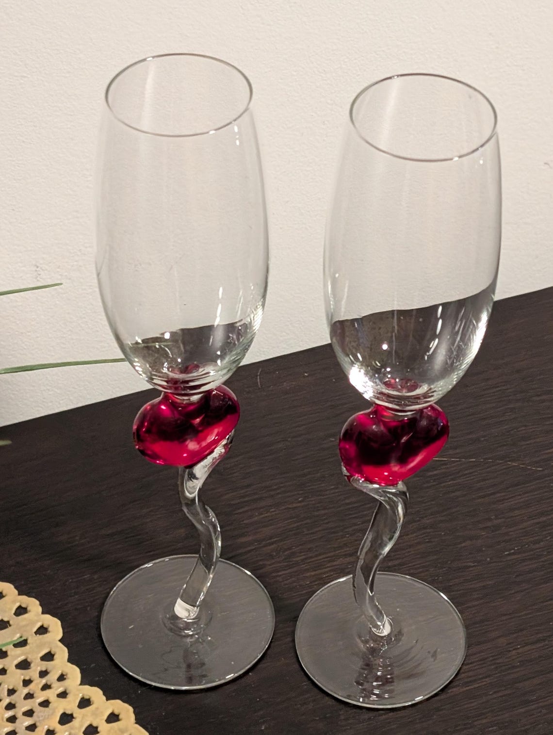 Super Cool Blown Glass Toasting Flutes With Red Heart Design, Maker ...