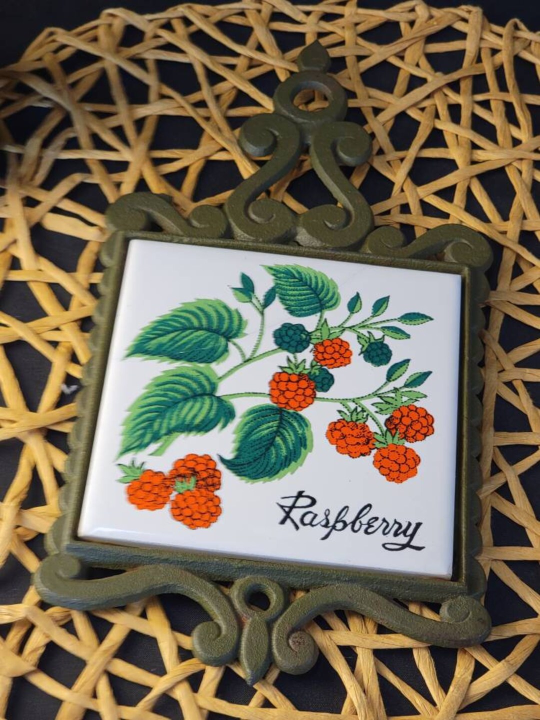 Vintage Mid Century Enesco Imports Cast Iron Tile Trivet, Raspberry ...