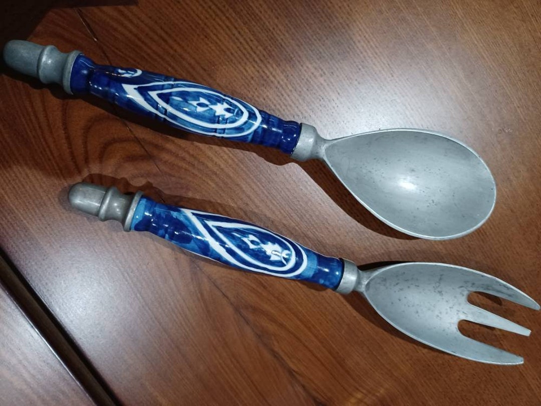 VINTAGE Salad Serving Set Cobolt Blue Ceramic Handles - Etsy