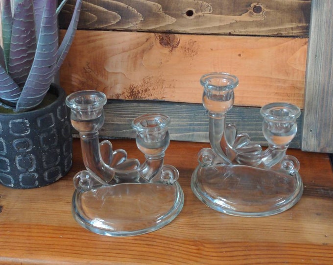Super Cool Art Deco Clear Glass Double Candlestick Holder Set - Etsy