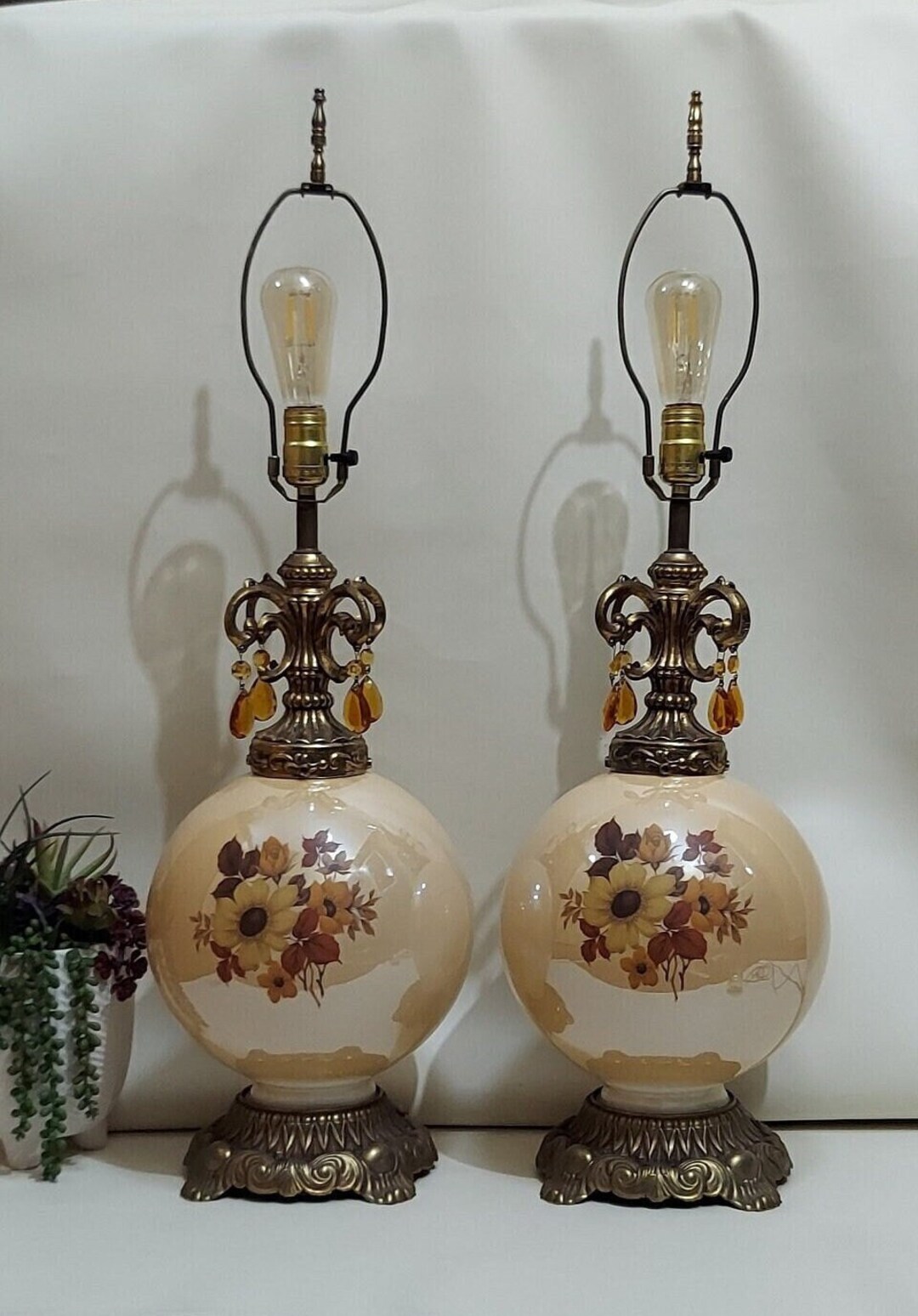 Retro Peach Luster Wildflower Hollywood Regency MCM Vintage Lamp Pair ...