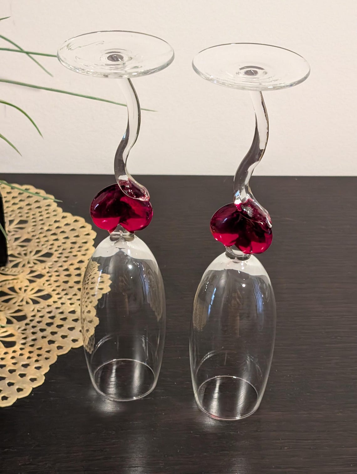 Super Cool Blown Glass Toasting Flutes With Red Heart Design, Maker ...