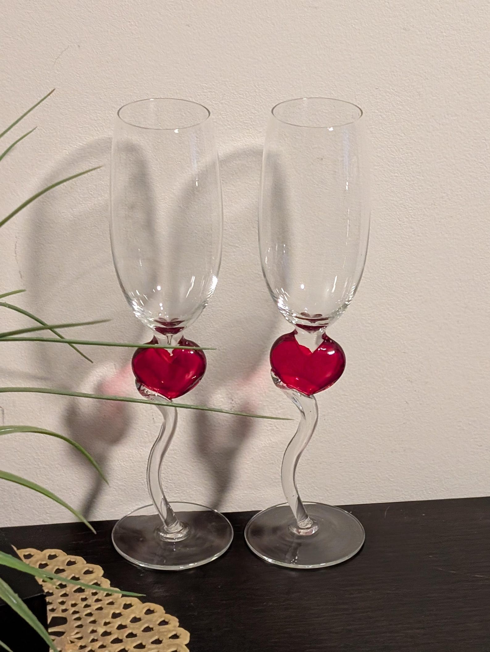 Super Cool Blown Glass Toasting Flutes With Red Heart Design, Maker ...