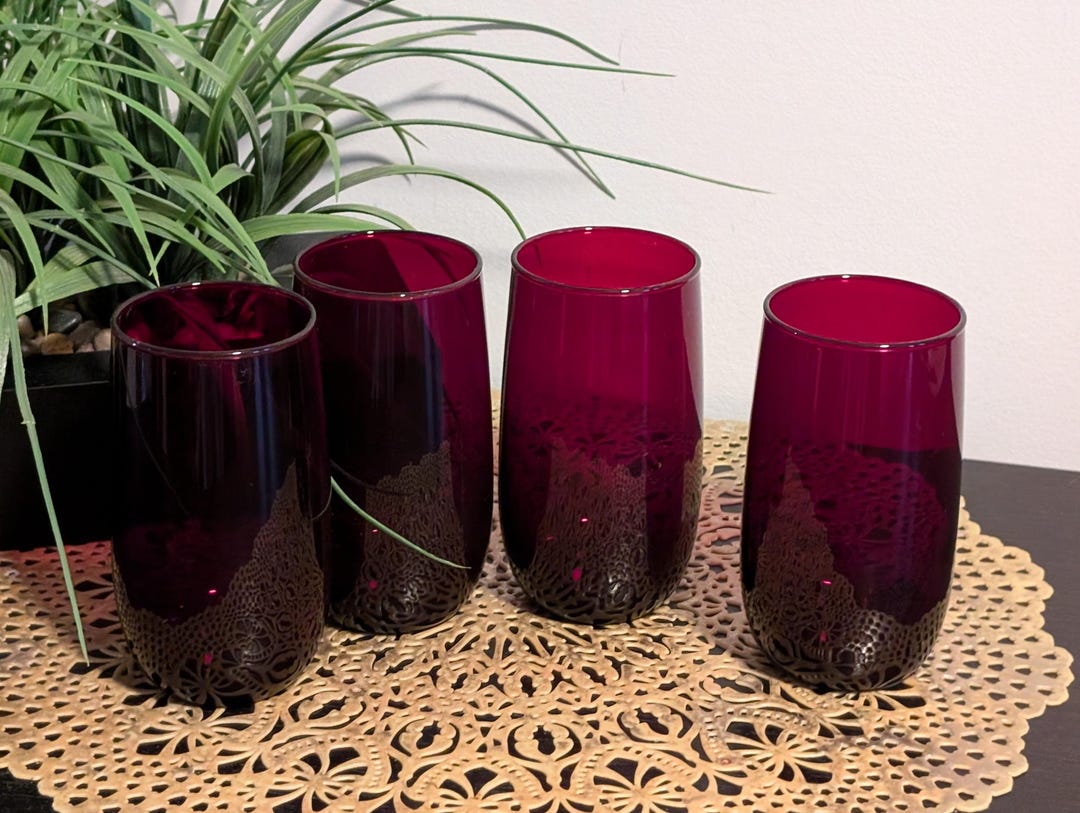 Vintage Mid Century Roly Poly Ruby Red Flat Top 9oz Drinking Glass Set ...