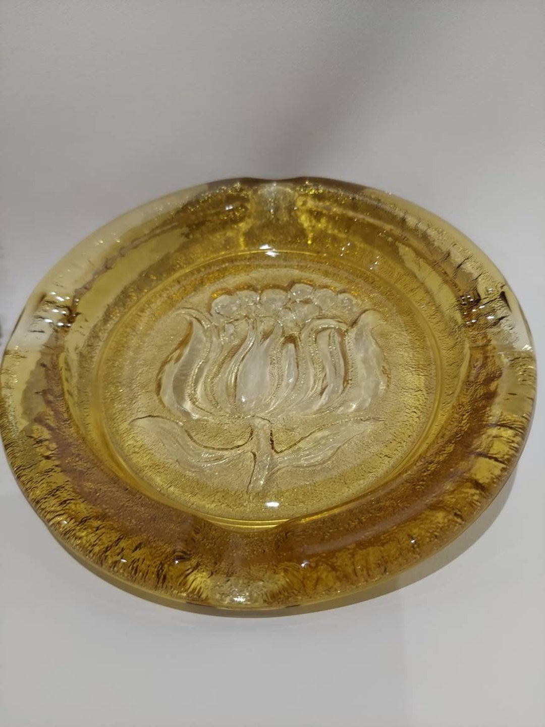 Mid Century Honey/amber Reverse Embossed Flower and Crinkle Design ...