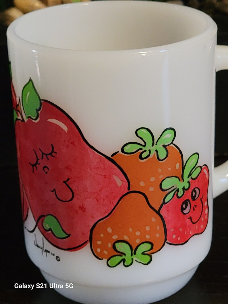 Super Cool MCM Nancy Lynn Milk Glass 'smiling Fruit' Handled Coffee Mug ...