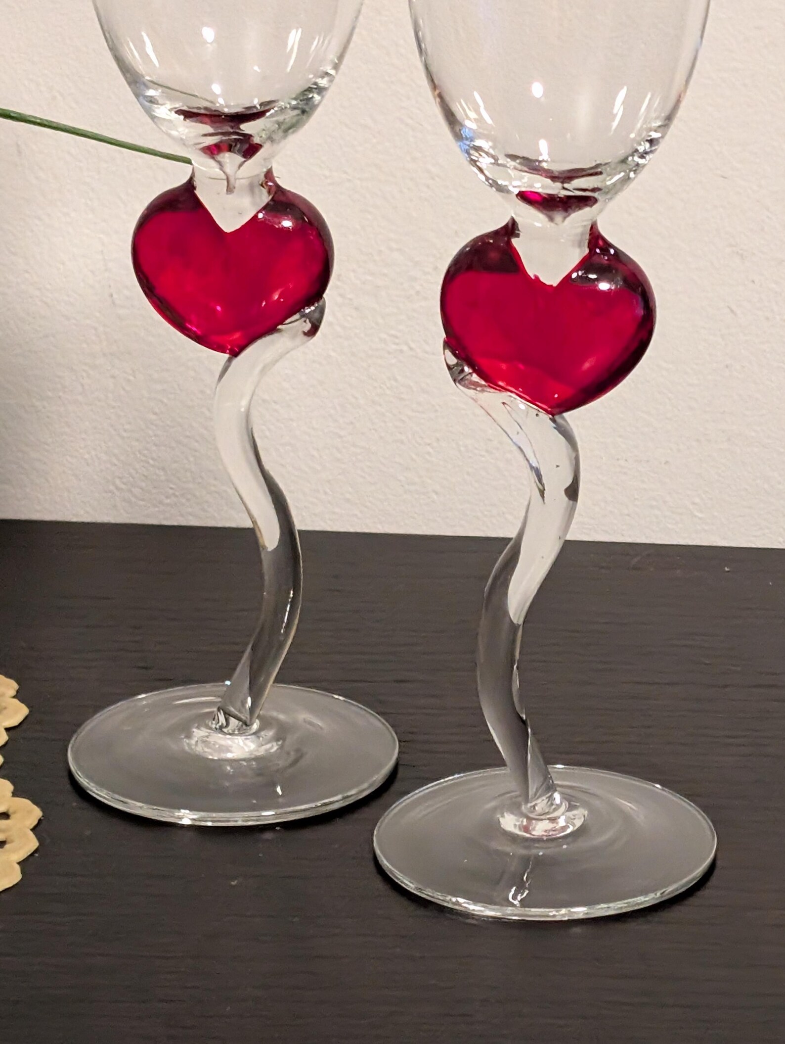 Super Cool Blown Glass Toasting Flutes With Red Heart Design, Maker ...