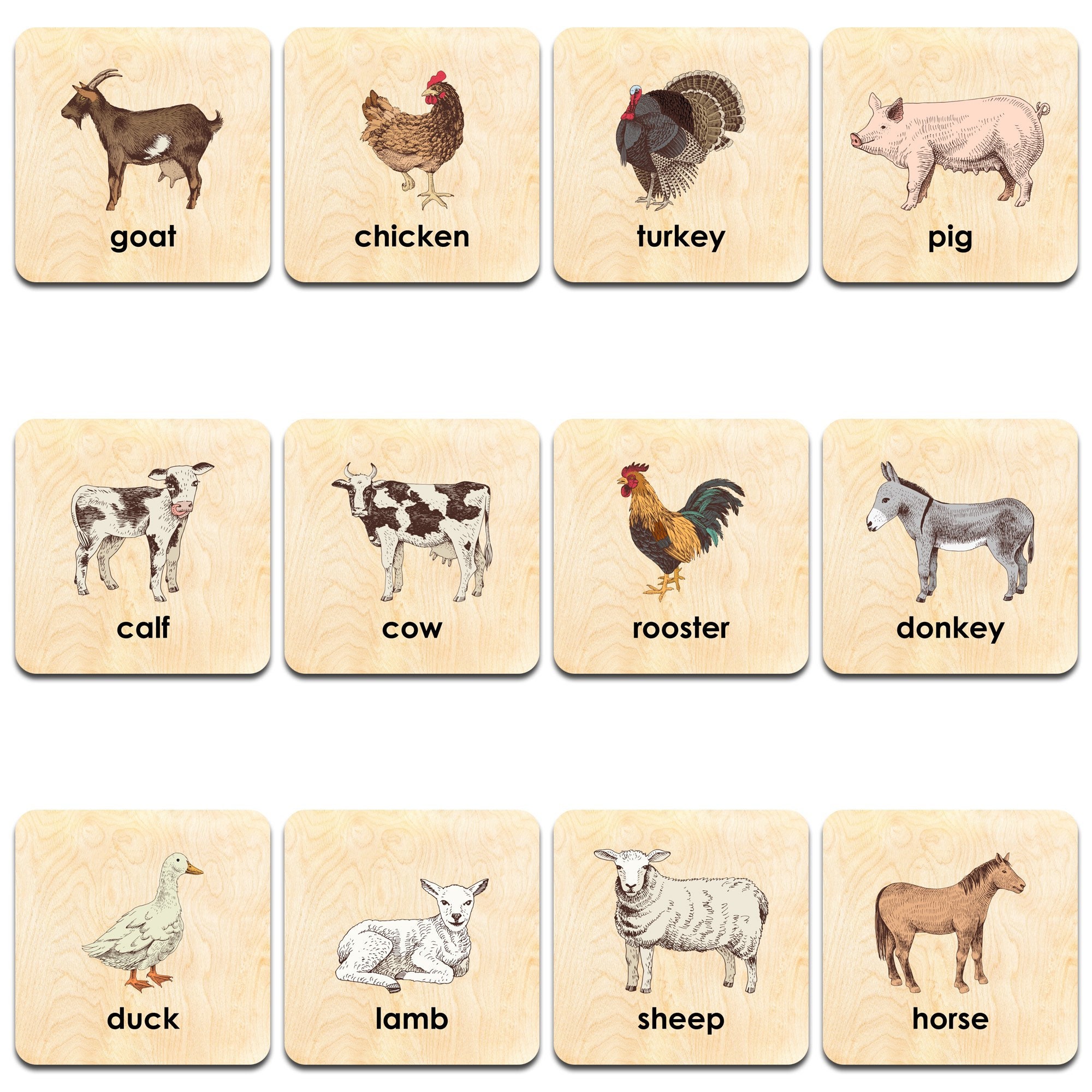 Montessori Wooden Farm Animal Game - Animal Memory Cards - Memory Game ...