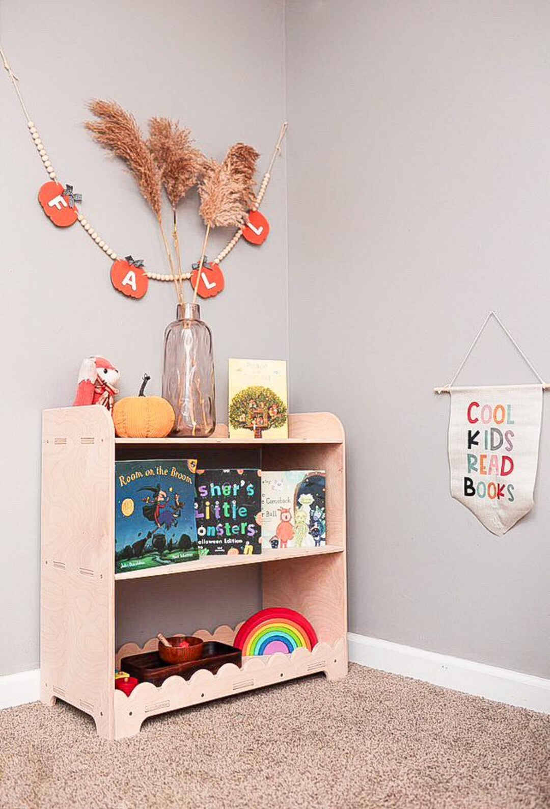 Montessori Bookshelf Toddler Scalloped Bookcase Montessori Wooden ...