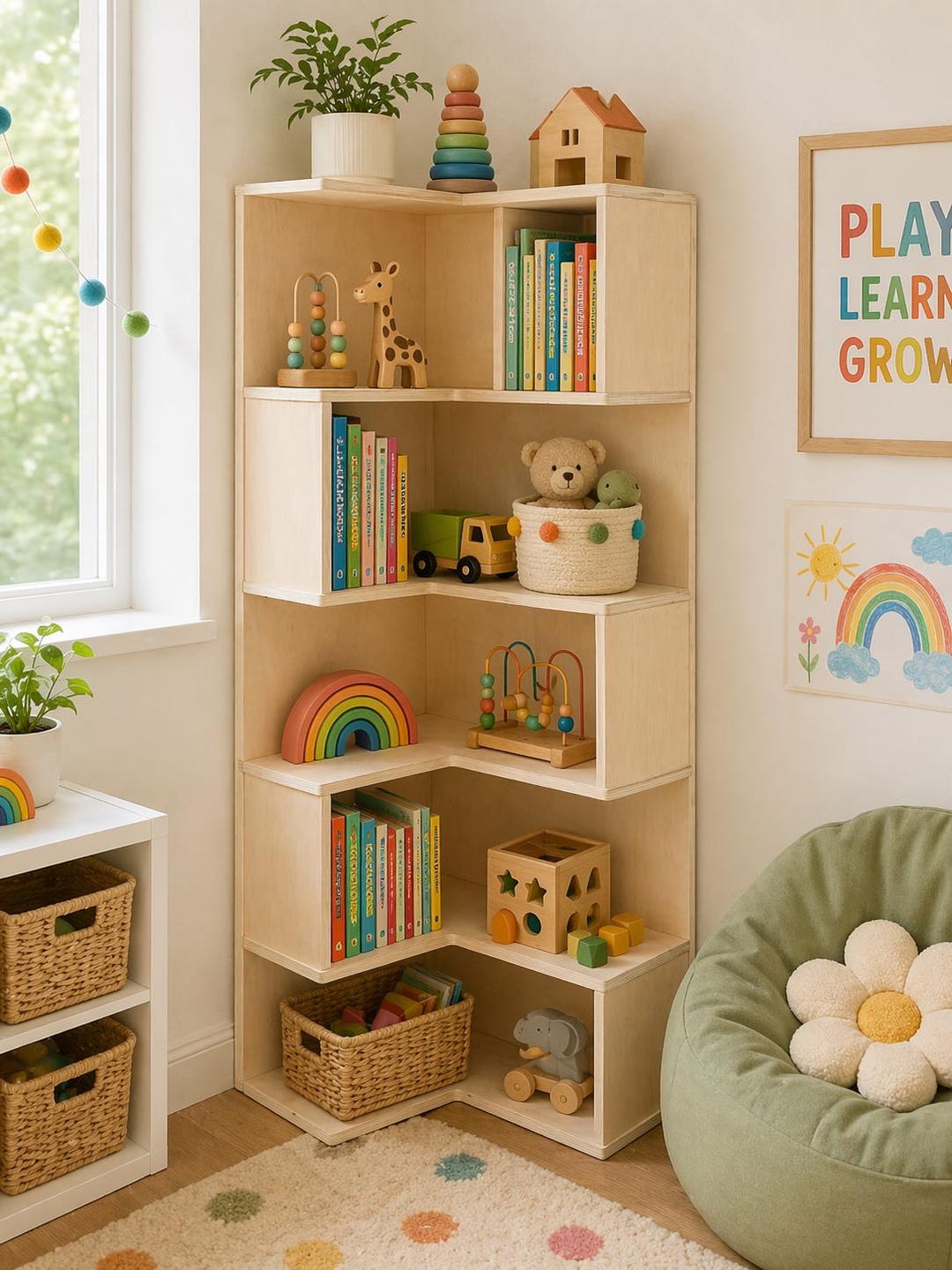 Montessori Corner Shelf, Toddler Wooden Toy Storage, Nursery Furniture ...