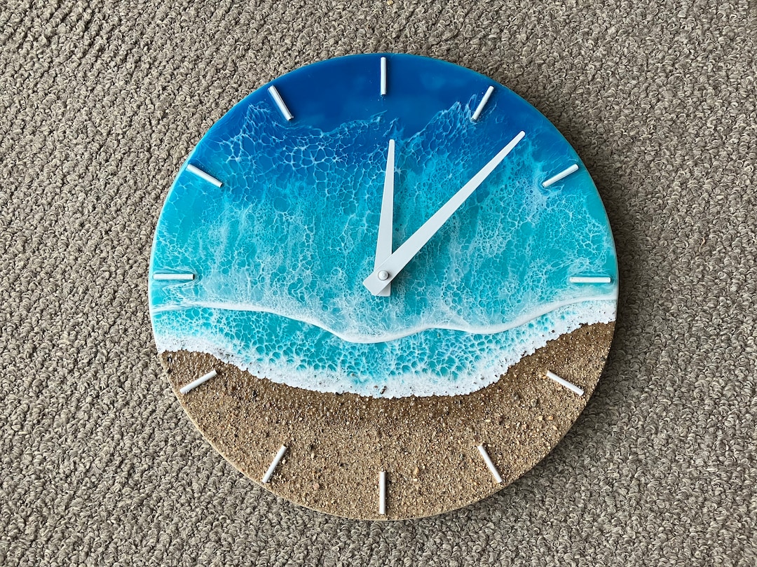 Resin Clock- Sand and Ocean Blue Water and White Waves / Beach Art ...