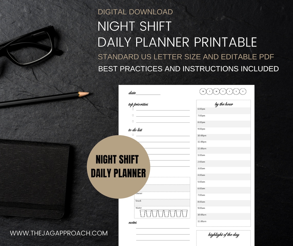 Night Shift Daily Planner Printable | Standard US Letter Size and ...
