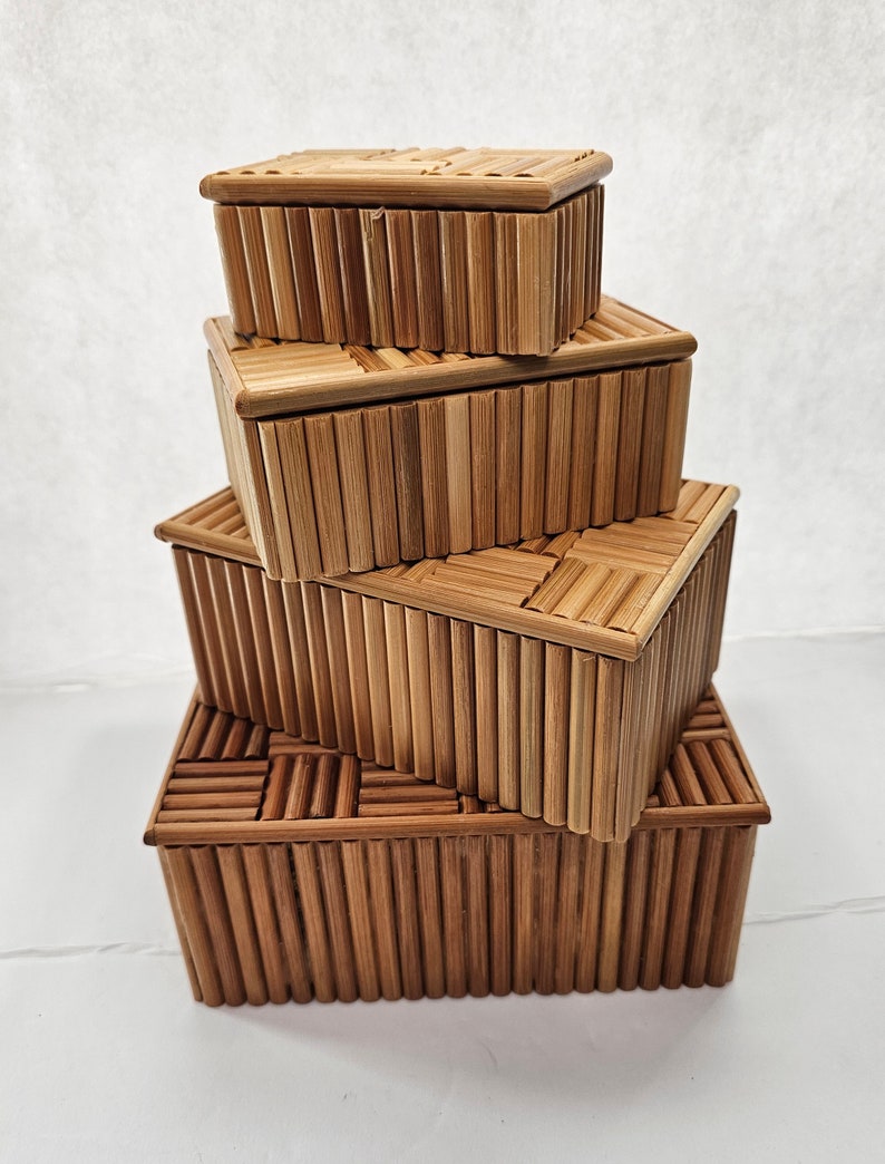 Vintage MCM Bamboo Nesting Boxes Set of 4 1970's Mint Condition Made in ...