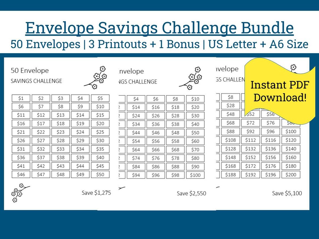 50 Envelope Savings Challenge Printable | Budgeting Tool for Financial ...
