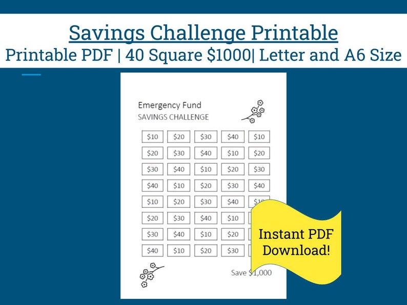 Emergency Fund Savings Challenge Printable | Money Saving Challenge ...
