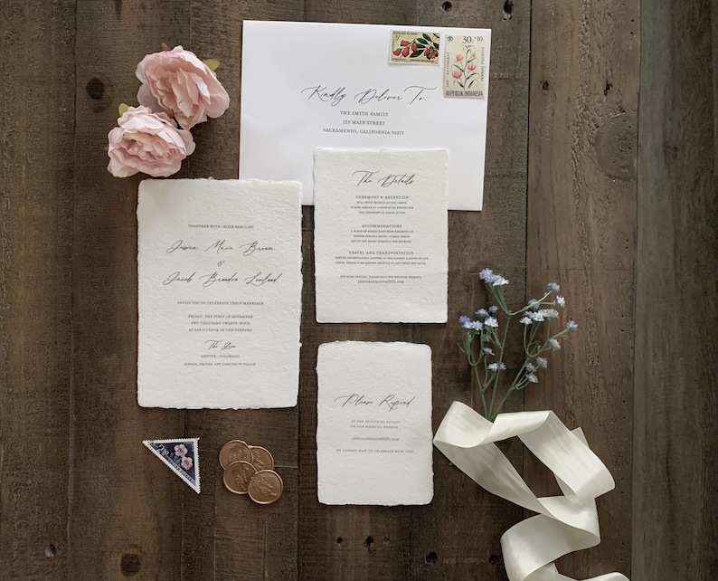 Romantic Deckled Edge Wedding Invitation Suite – Custom Calligraphy ...