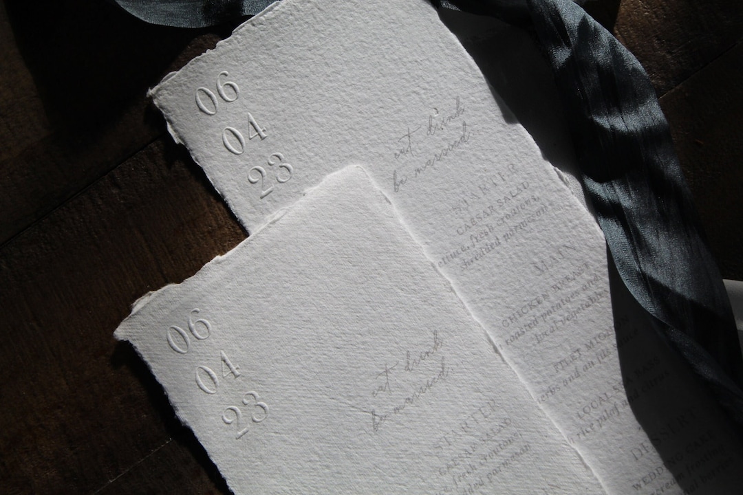 Embossed Deckled Edge Wedding Menu – Torn Handmade Paper Menu for Boho ...