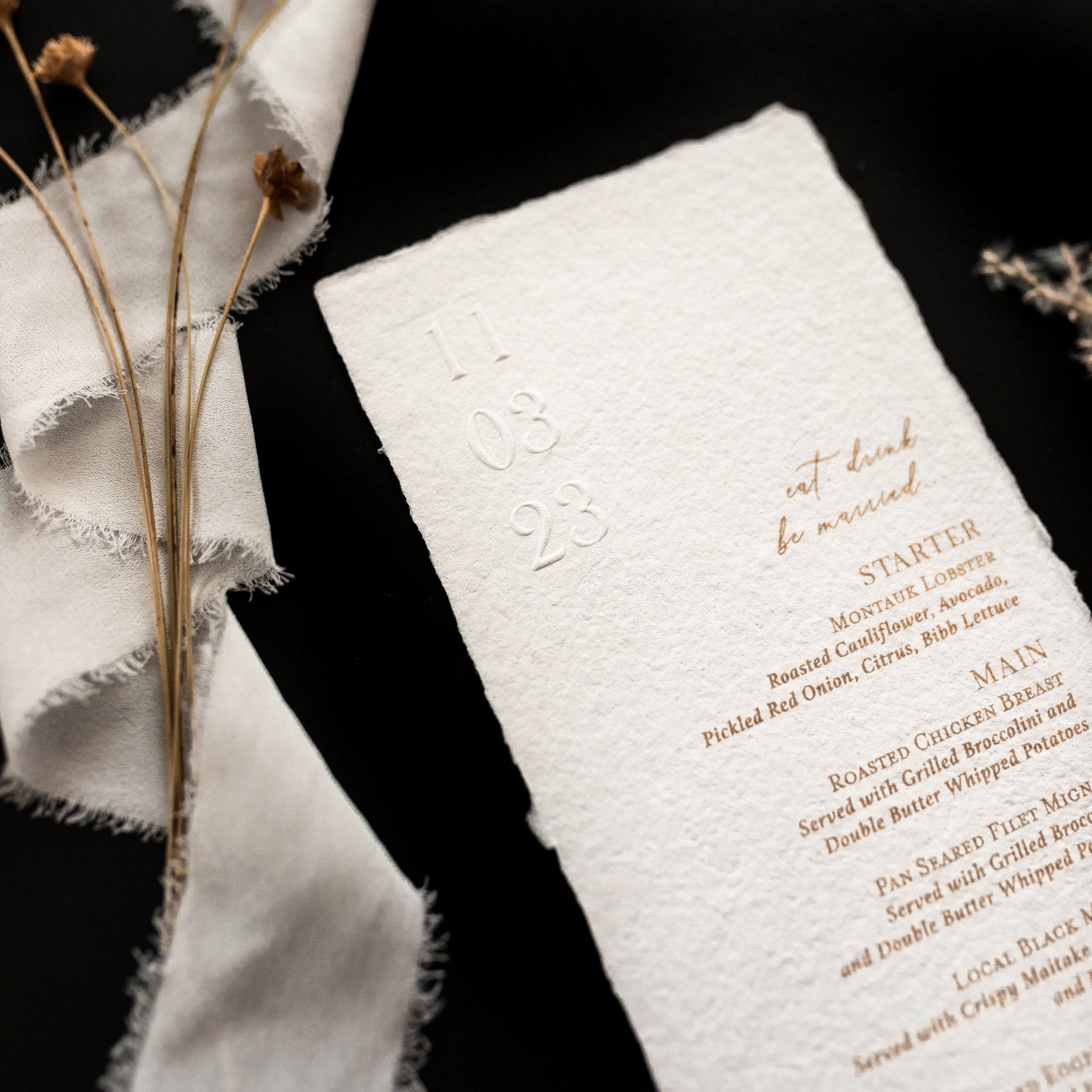 Embossed Deckled Edge Wedding Menu – Torn Handmade Paper Menu for Boho ...