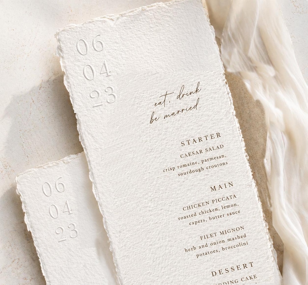 Embossed Wedding Menu – Printed on Handmade Deckled Paper for Luxury ...