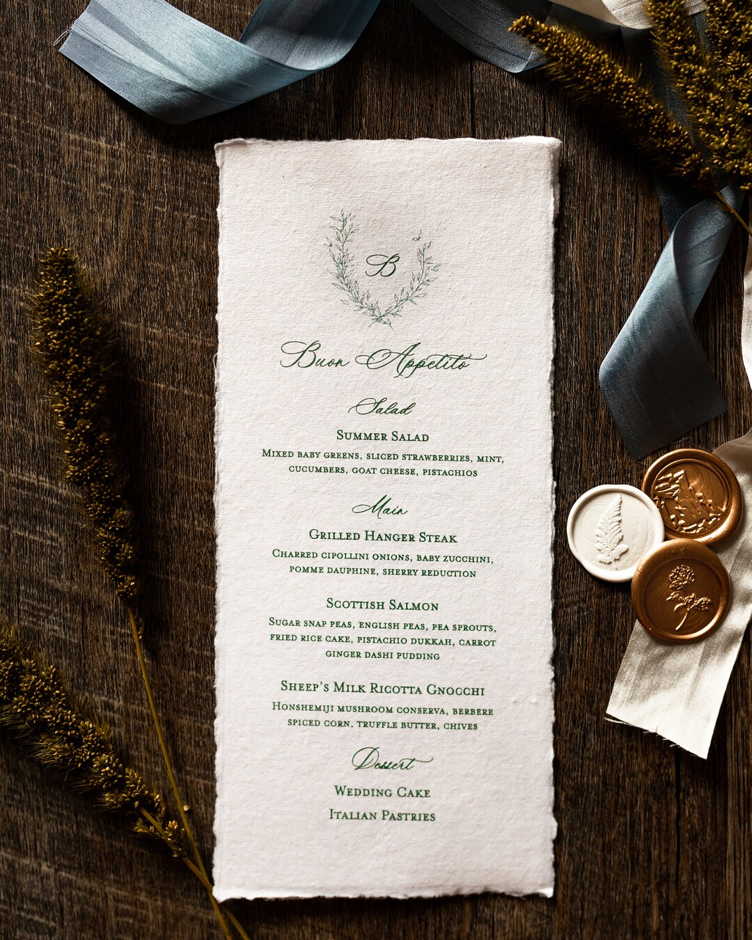 Custom Monogram Menu - Deckled Edge Handmade Menu for Wedding, Birthday ...