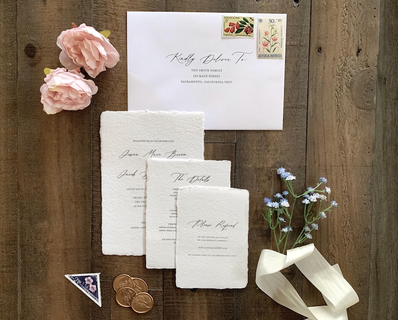 Romantic Deckled Edge Wedding Invitation Suite – Custom Calligraphy ...