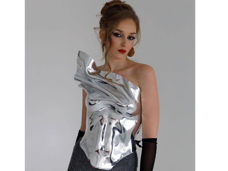 Silver Mirror Corset: Sculptural Bustier, Futuristic Rave Fashion - Etsy