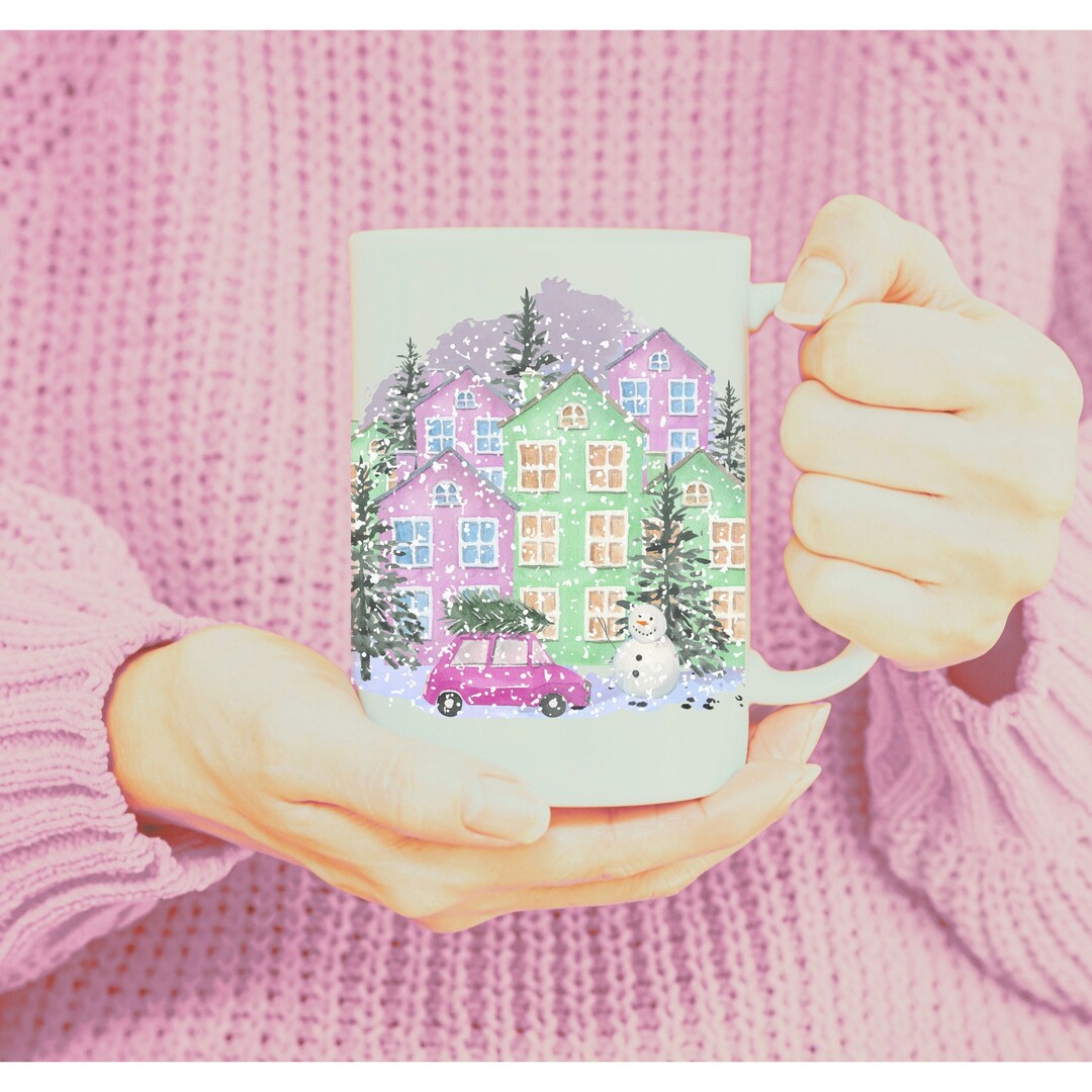 Christmas Street Scene Mug Holiday Trees Snowy Landscape Hot Cocoa Mugs ...