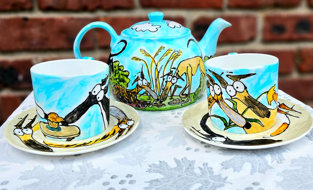 Cute Greyhound Tea Set / Hand Painted Tea Set / Greyhound China Tea Pot ...