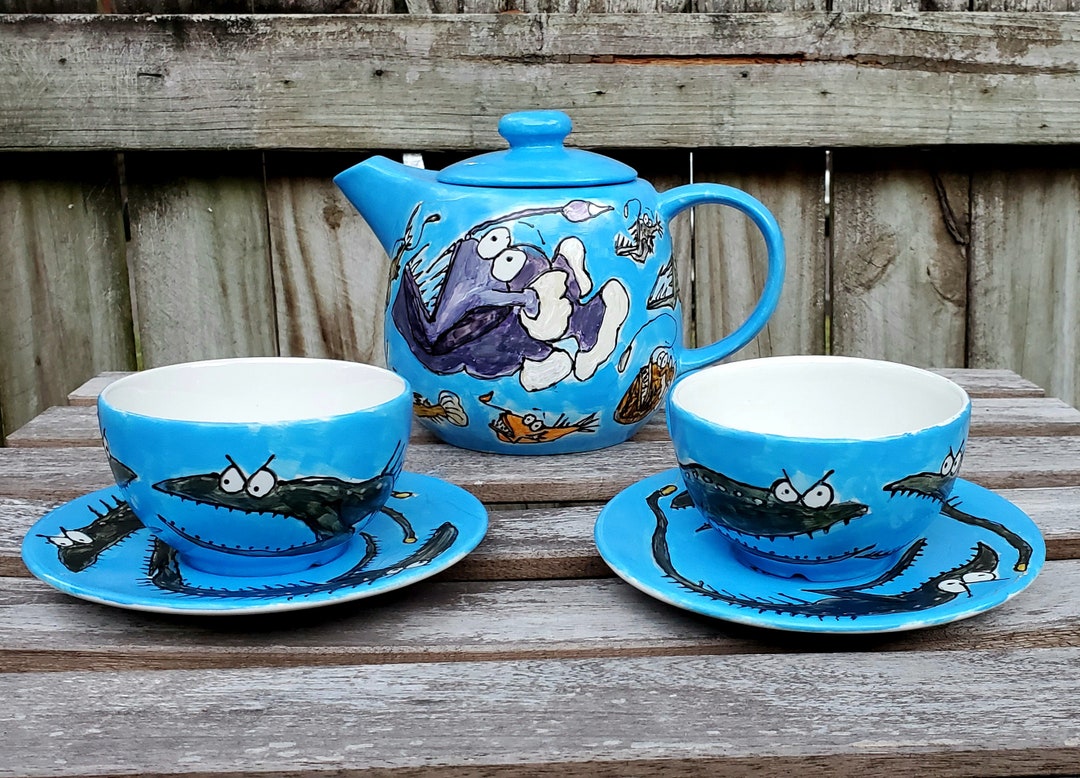 Anglerfish Tea Set / Hand Painted Tea Set / Anglerfish China Tea Pot ...