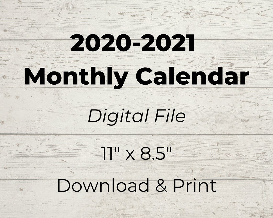 2020-2021 Printable Calendar | Digital Download | Letter 8.5" X 11 ...
